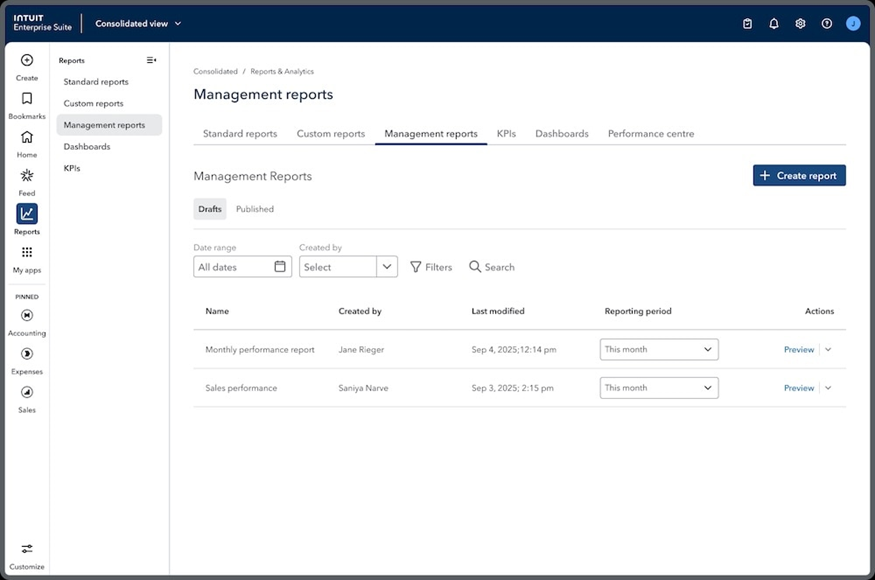 Intuit Enterprise Suite Consolidated View