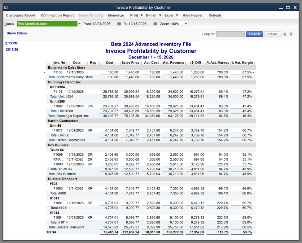 QuickBooks Desktop Invoice Profitability Report